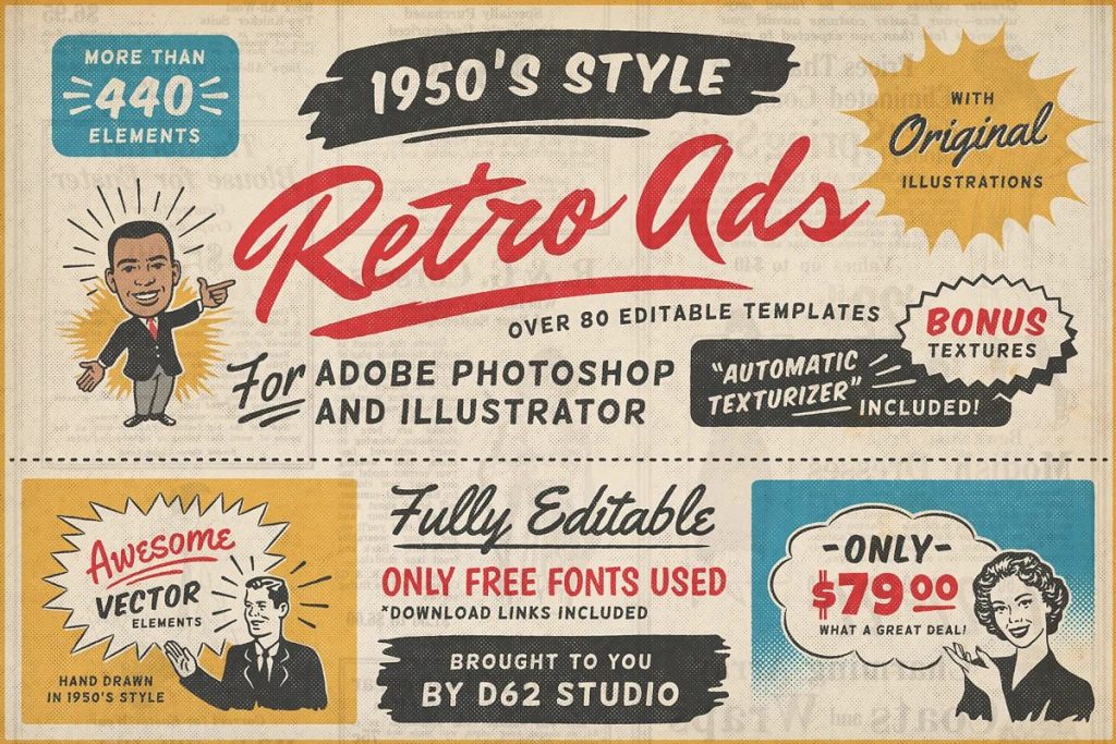 Creative Market 1950s Retro Style Ad Templates Free Download - VFX Bundle